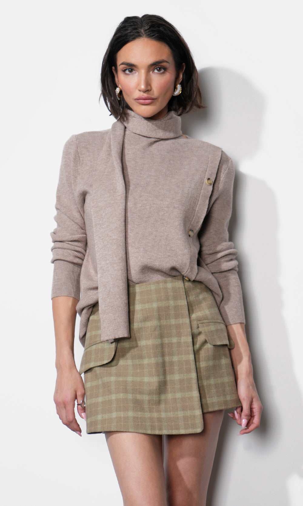 Acacia Scarf Neck Asymmetric Button Up Sweater | Greylin