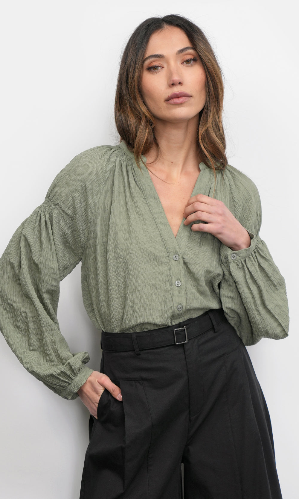 Phoebe Textured Button Up Shirt With Smock Detail | Greylin Collection