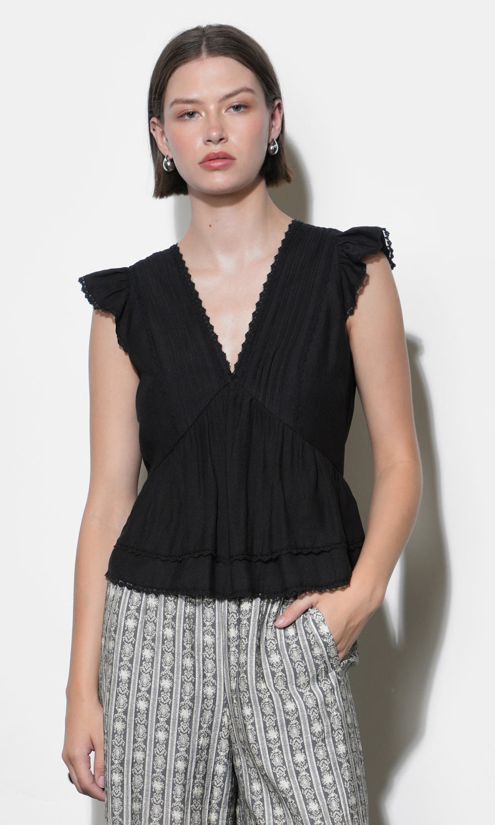 Victoria Pin Tuck Flutter Sleeve Black Top | Greylin